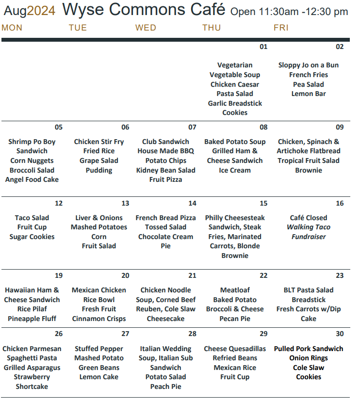 Wyse Commons Cafe Menu August 2024 - Fairlawn Retirement Community
